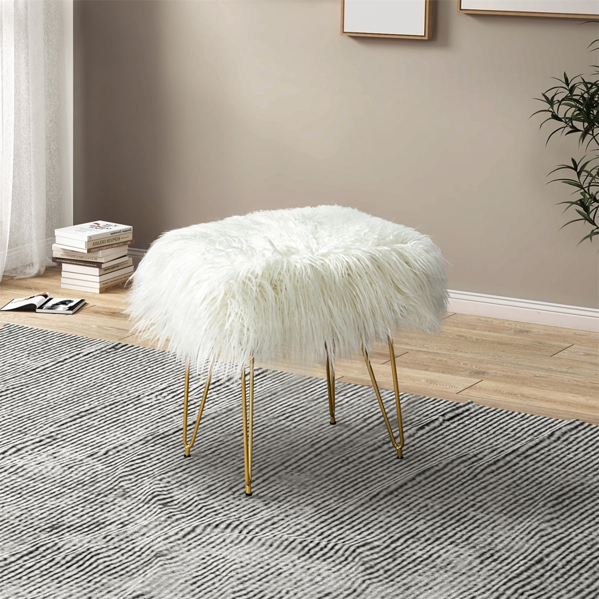 Faux Fur Ottoman Foot Stool, 15'' Wide Vanity Stool with Gold Metal ...