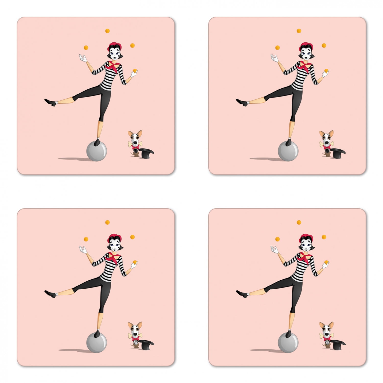 Cartoon Coaster Set of 4, Mime Performing Girl Pantomime Juggling with ...
