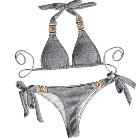 2-piece Glitter Swimsuit For Women Sexy Tie Bikini Summer Slim Bathing ...