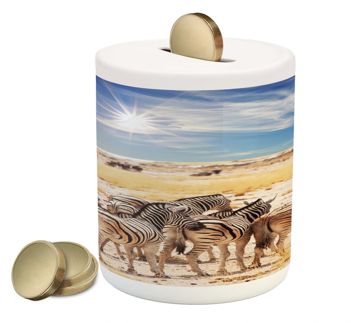 Africa Piggy Bank, Zebras in Savannah Desert Waterhole on Hot Day ...