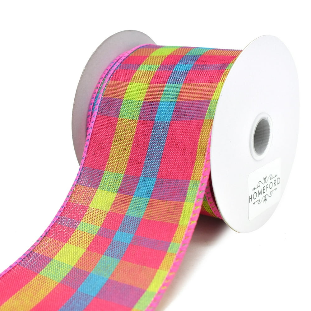 Color Chic Plaid Wired Edge Linen Ribbon, 2-1/2-Inch, 3-Yard, Pink ...