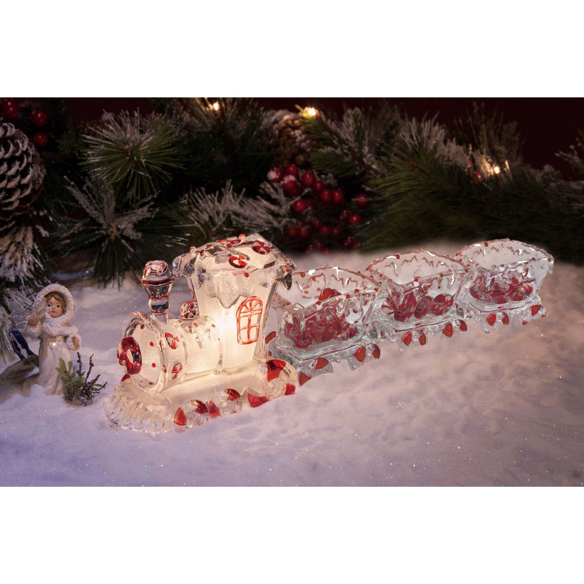 10.75" Clear and Red LED lighted Glitter Train Set Glass Tabletop Decor ...