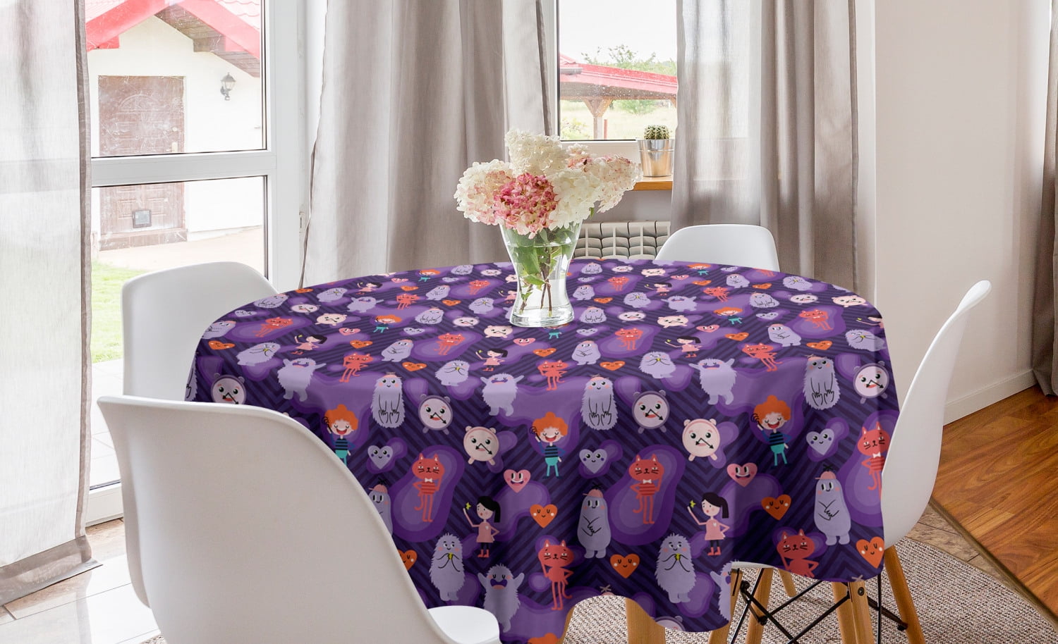 Cartoon Round Tablecloth, Funky Hearts Creatures Little Girls and Boys ...