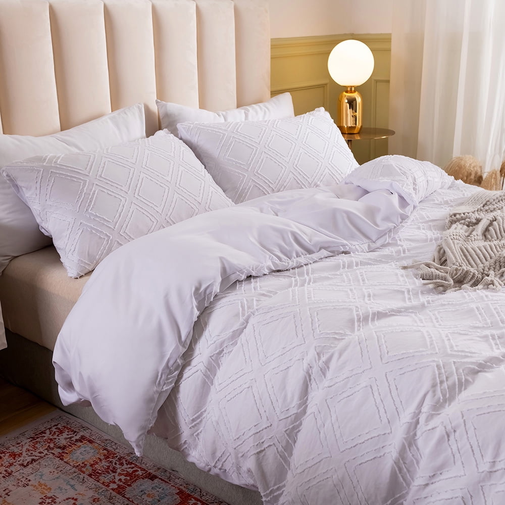 Ultra-Soft Microfiber Tufted Duvet Cover Twin Size Set White Textured ...