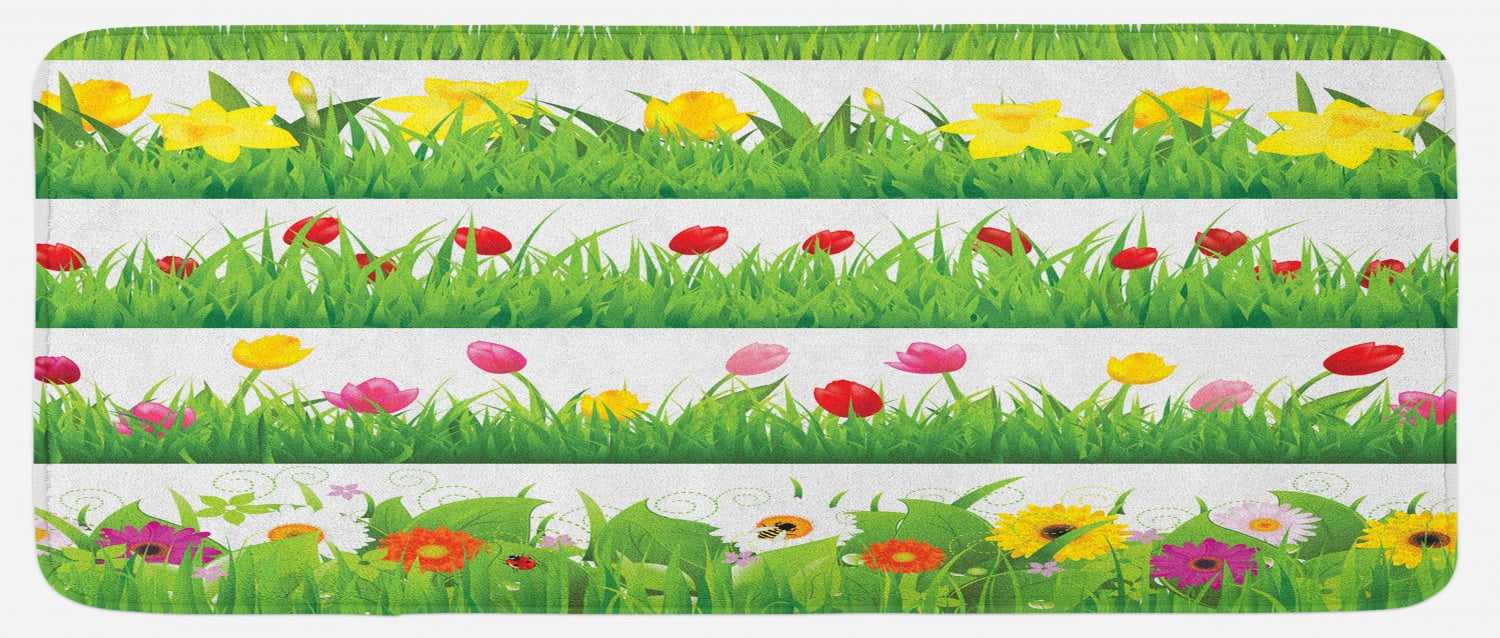 Green Flower Kitchen Mat, Lawn Pattern Horizontal Design Floral ...