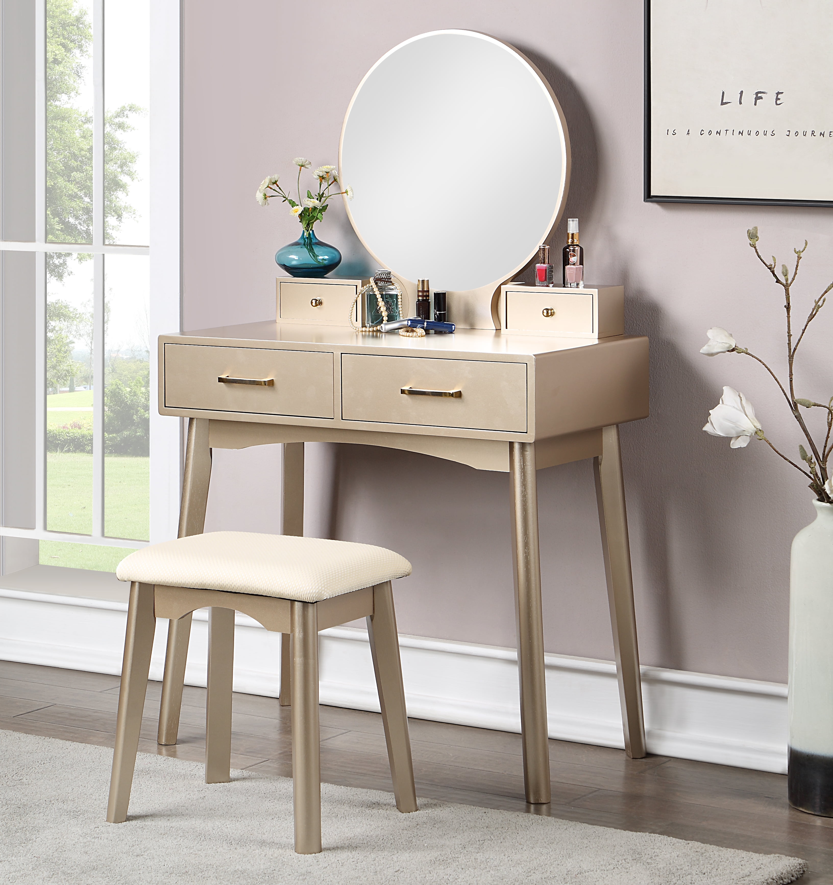 Liannon Contemporary Wood Vanity and Stool Set, Gold - Walmart.com