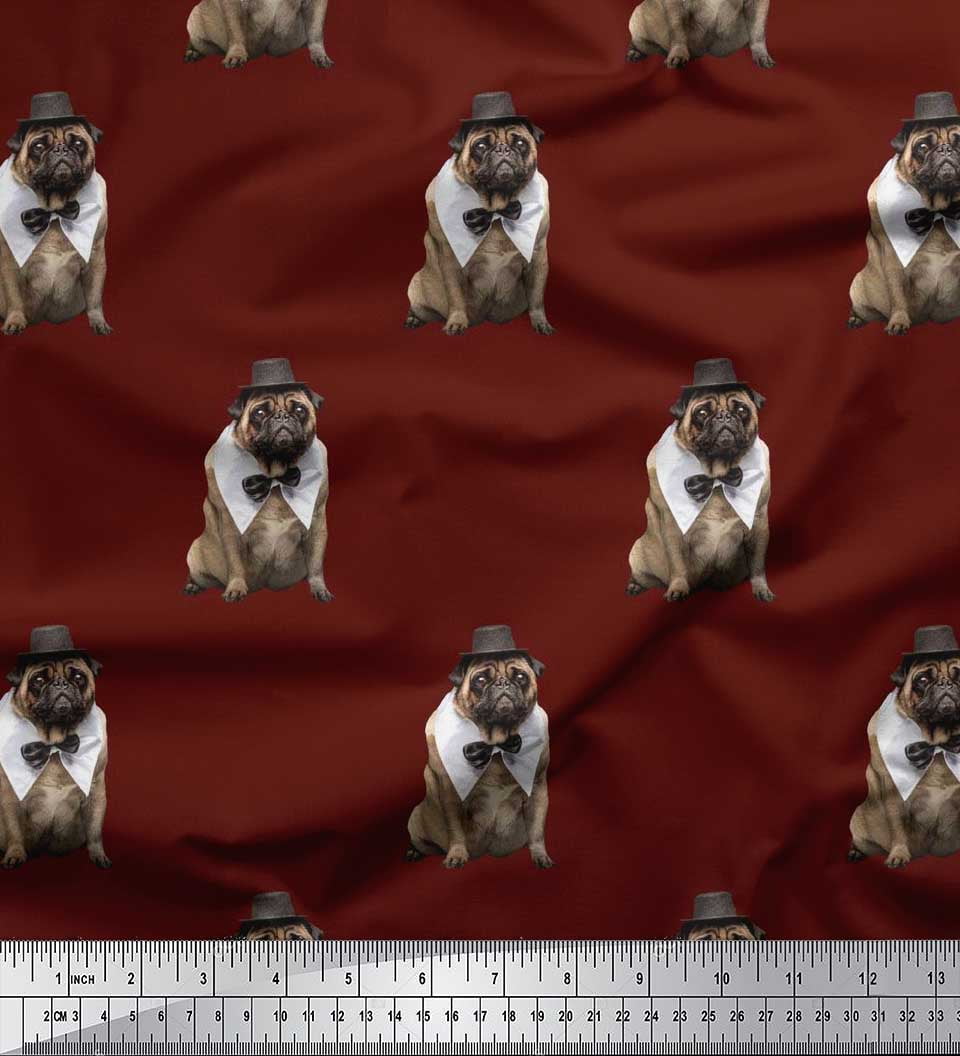Soimoi Satin Silk Fabric Bow,Hat & Pug Dog Print Fabric by The Yard 42 ...