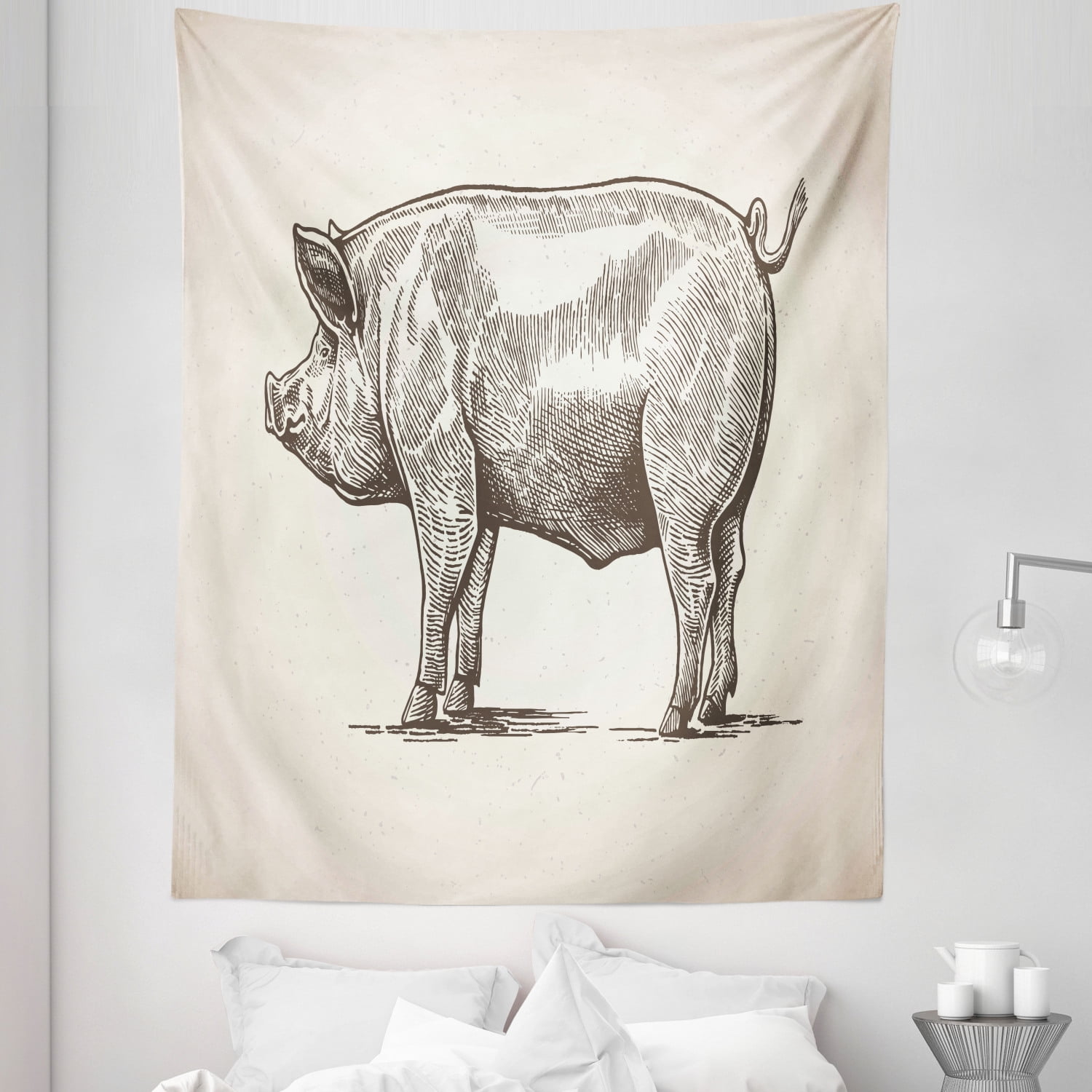 Pig Tapestry, Vintage Hand-Drawn Illustration of Pig Rural Ranch ...