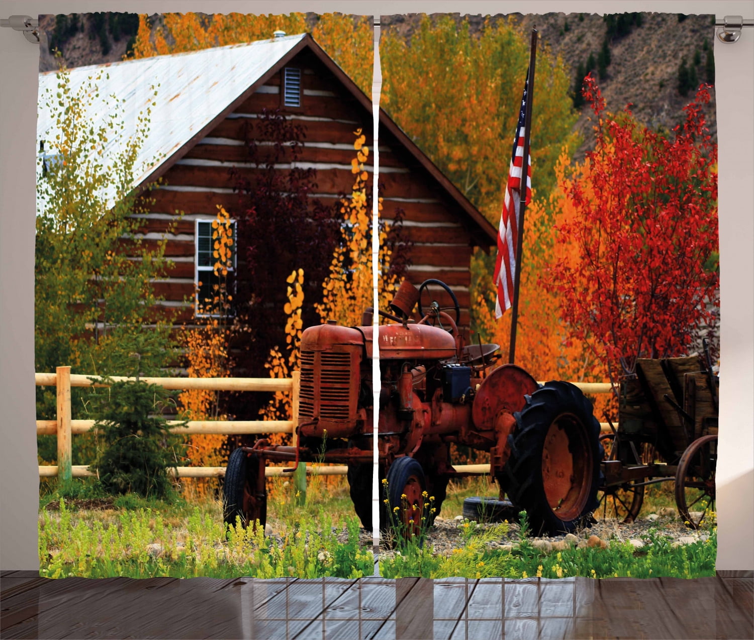 Fall Decor Curtains 2 Panels Set, Rustic Cabin with Rusty Tractor ...