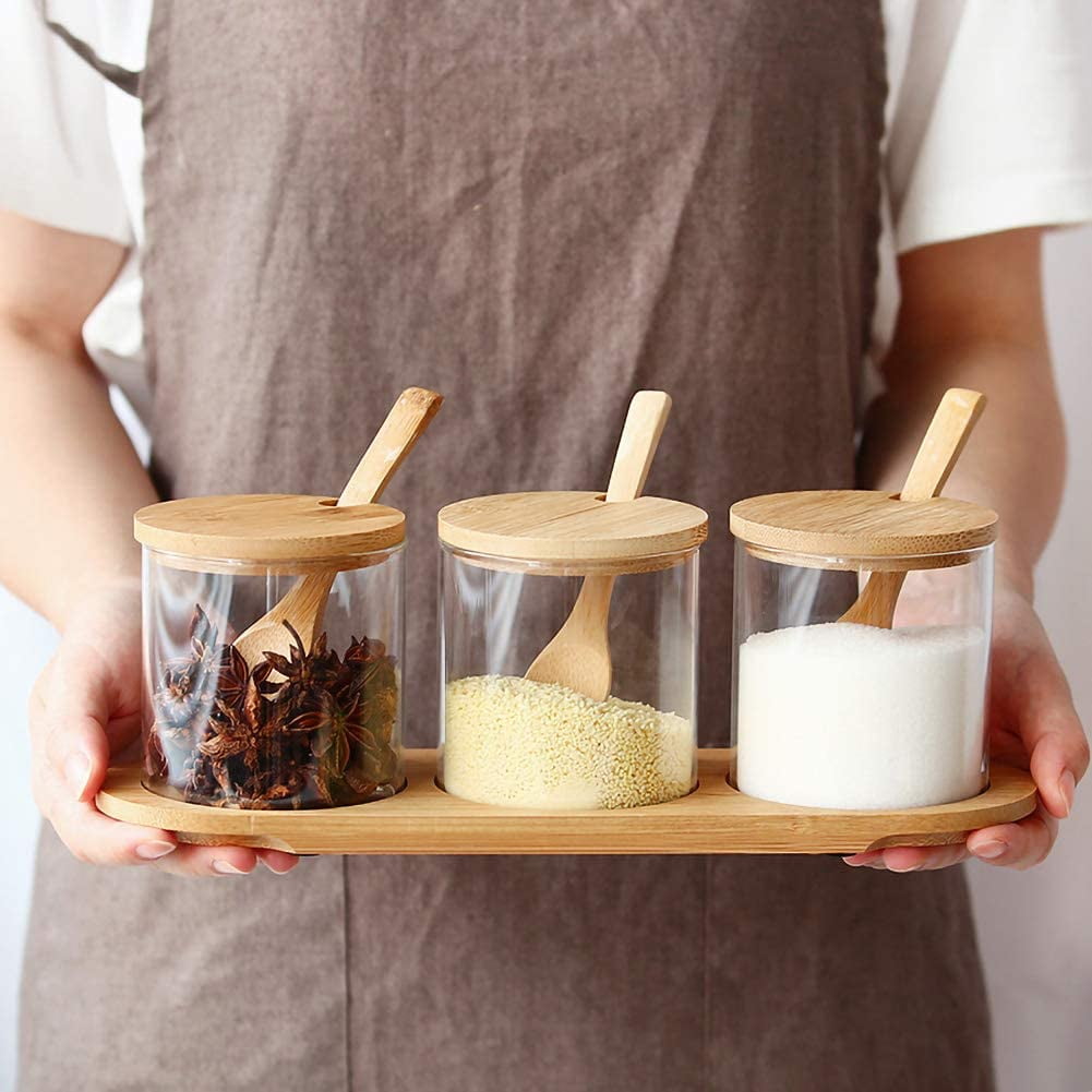 Condiment Container Seasoning Box Set of 3 Glass Salts Canisters Sugar ...
