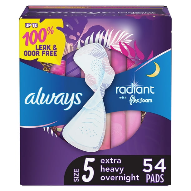 Always Radiant Feminine Pads for Women, Size 5 Extra Heavy Overnight ...