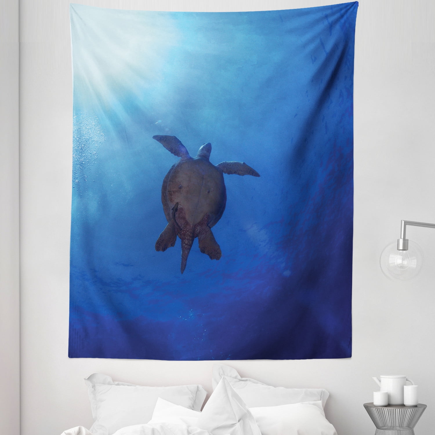 Ocean Tapestry, Turtle Swims to the Surface of Deep Sea the Sun Rays ...