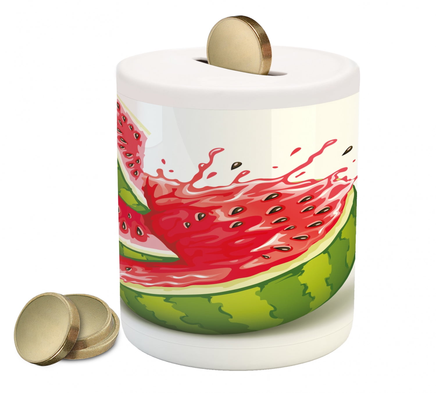 Modern Piggy Bank, Summer Fruit Ripe Watermelon Cuts Splashes of Juice ...