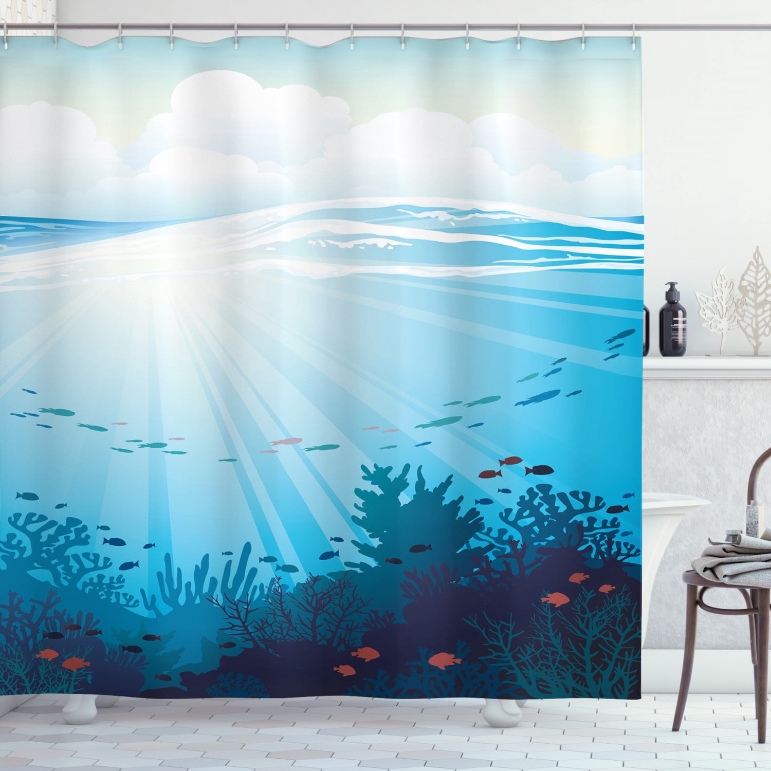 Ambesonne Ocean Shower Curtain, Fish Aquarium Coral Reefs, 69"Wx84"L ...