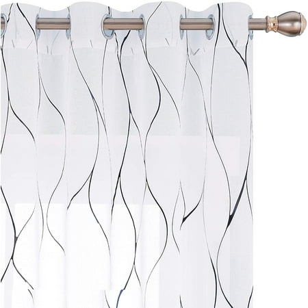 Silver Foil Printed, Wave Pattern Sheer Curtains Grommet Top, Linen ...