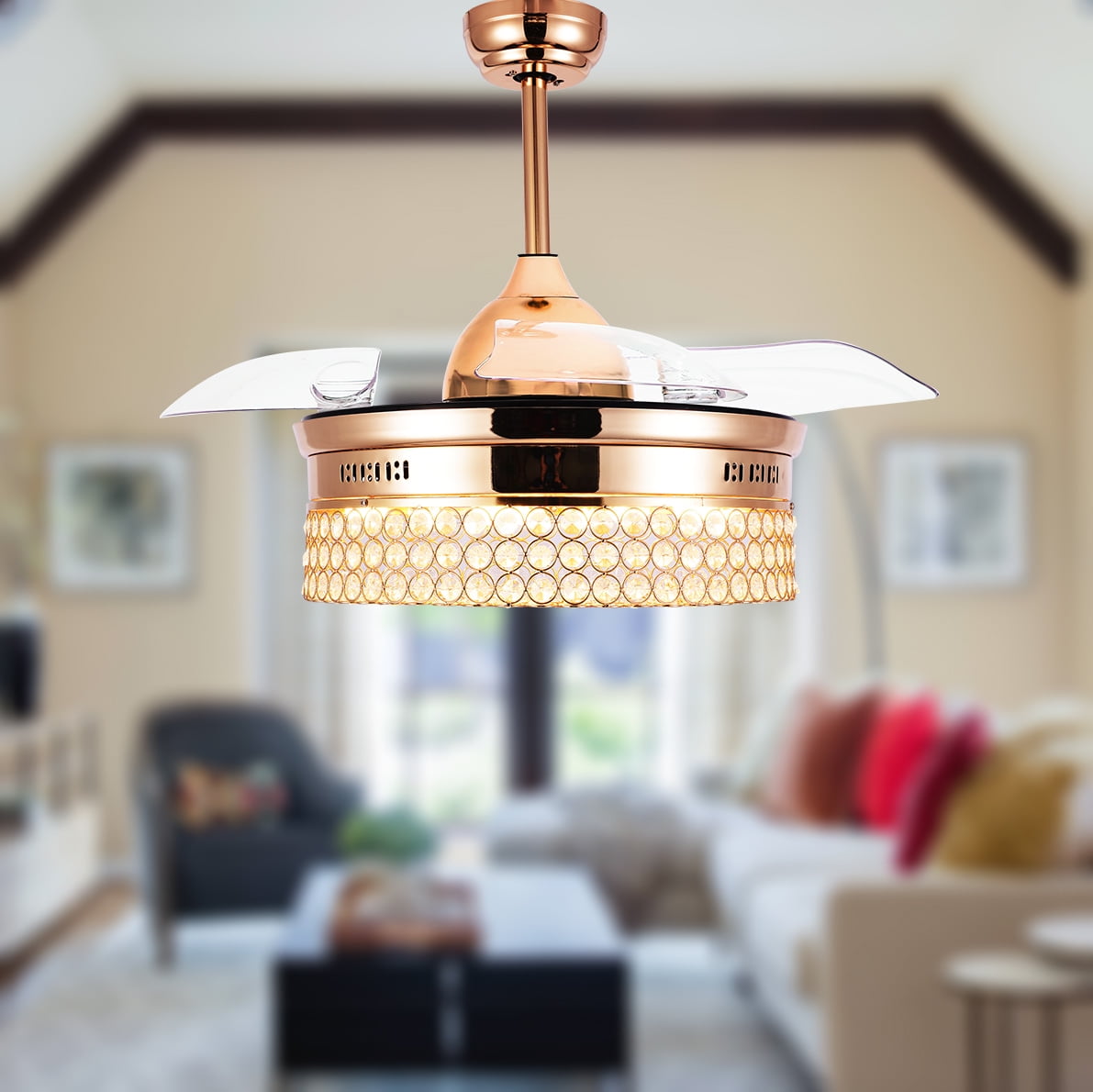 Belladepot 42" Gold Crystal Ceiling Fan with Retractable Blades LED ...