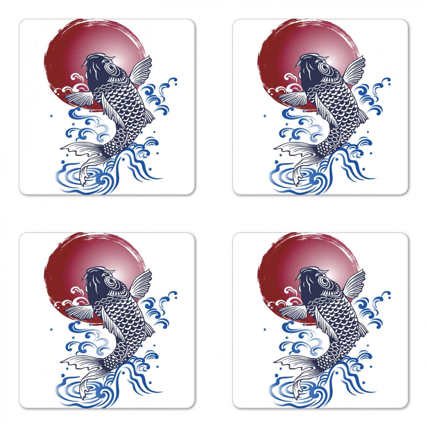 Japanese Coaster Set of 4, Red Round Circle Illustration Print with Koi ...