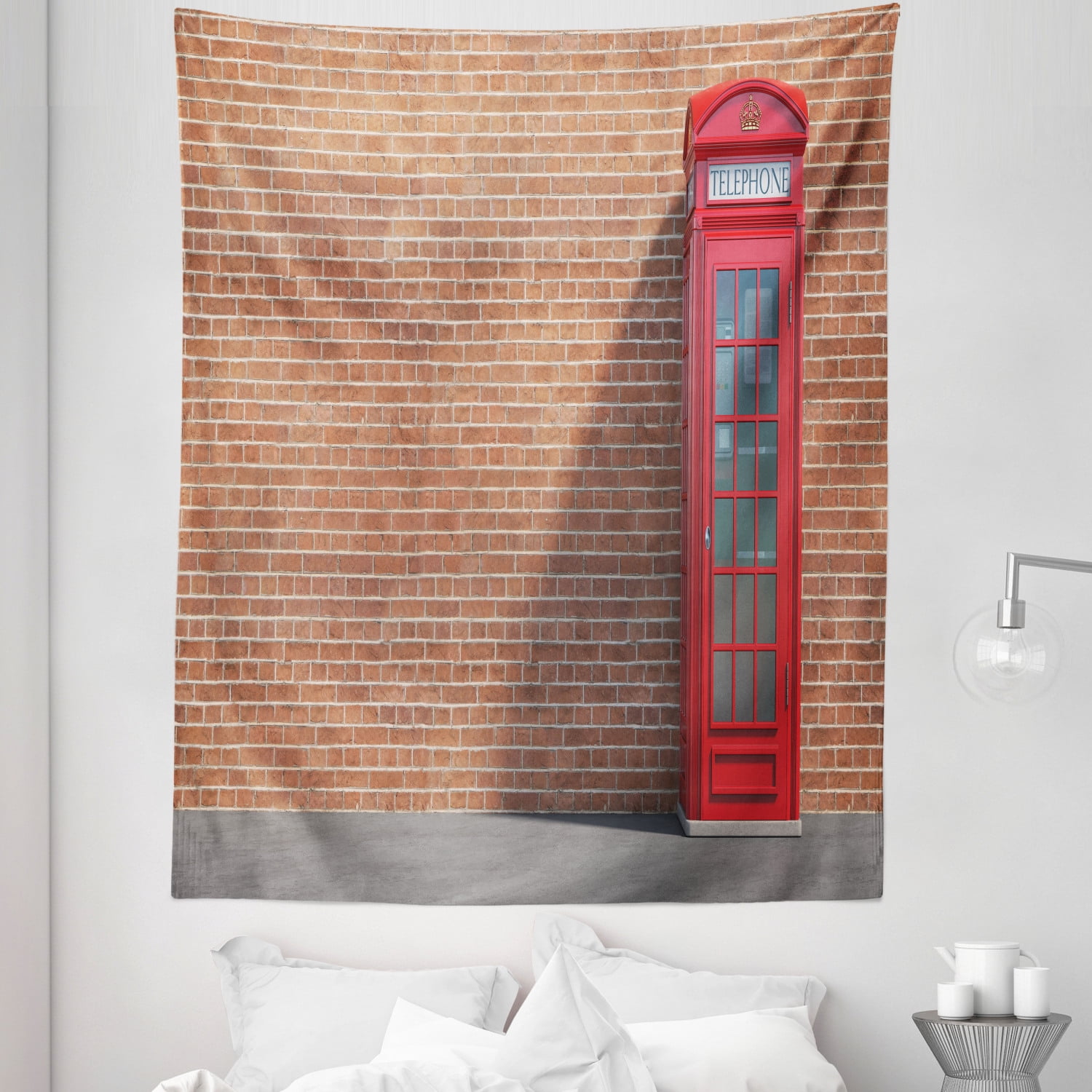 Phone Booth Tapestry, Iconic British Telephone Kiosk on Brick Wall ...