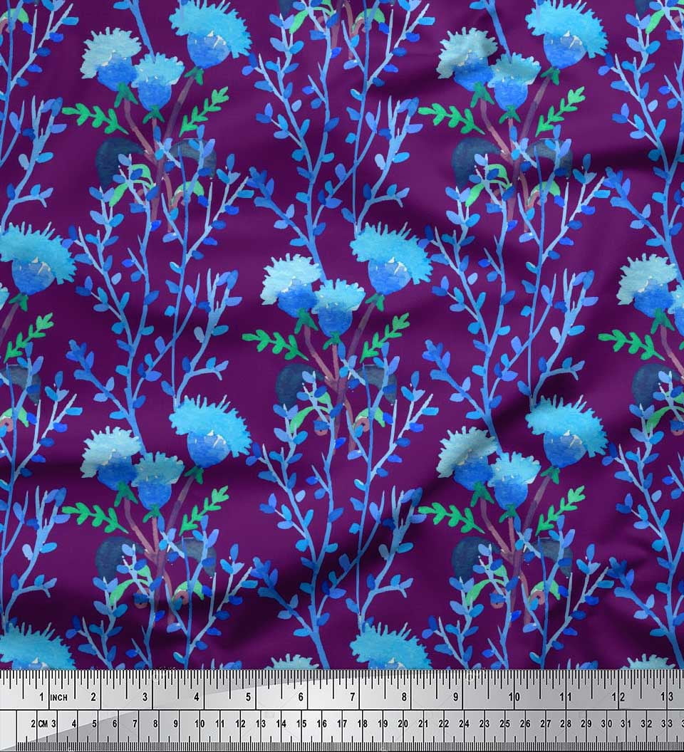 Soimoi Purple Poly Georgette Fabric Flower & Leaves Watercolor Print ...