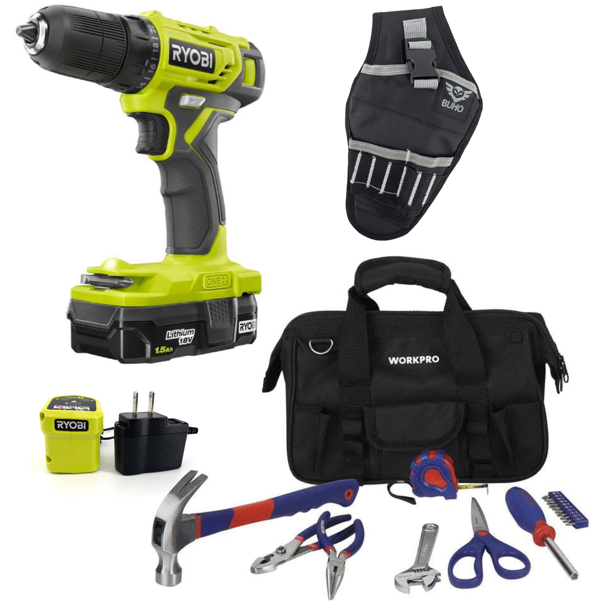 Household Tool Set Bundle with Ryobi Drill, 18-Volt Battery, Charger ...