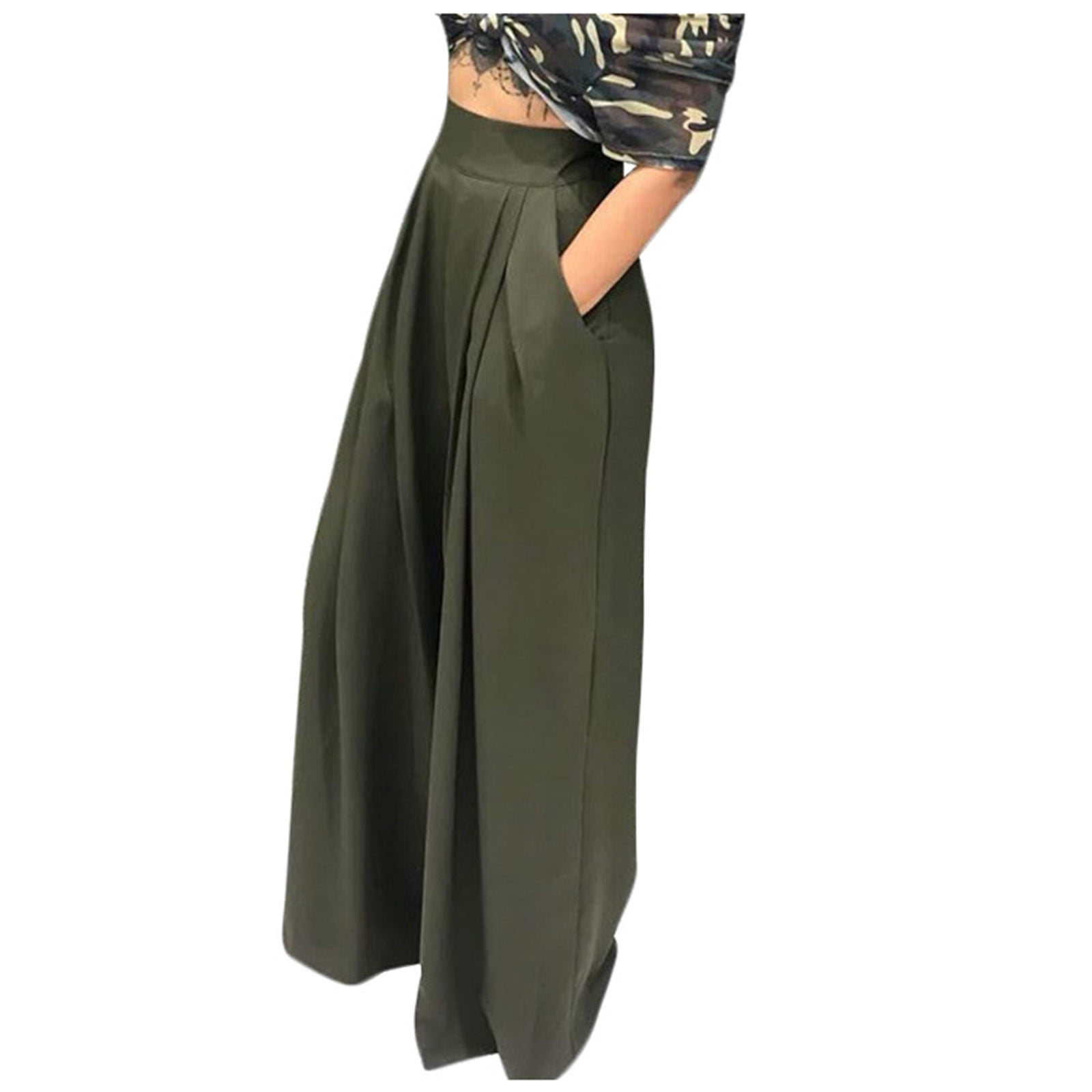 JWZUY Womens Wide Leg Pants Straight Trouser Elastic High Waist Full ...