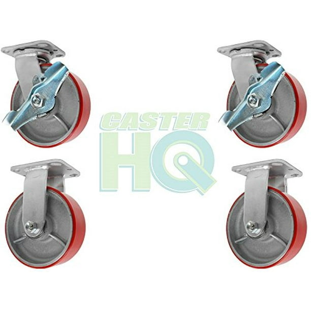 8 inch x 2 inch Heavy Duty Caster Set with Red Polyurethane on Steel ...