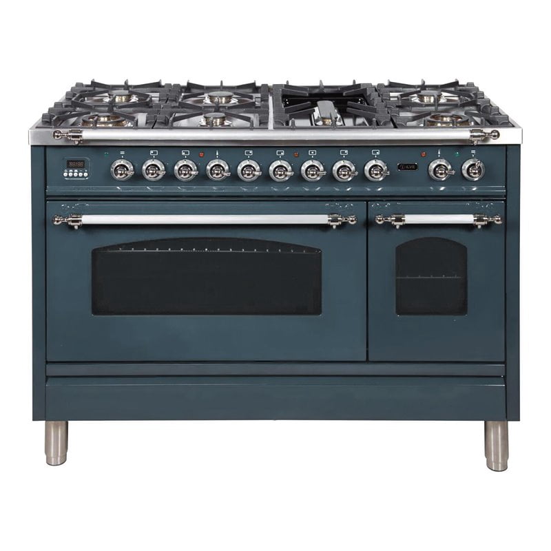 ILVE Nostalgie 48" NG Metal Double Oven Dual Fuel Range in Blue Gray ...
