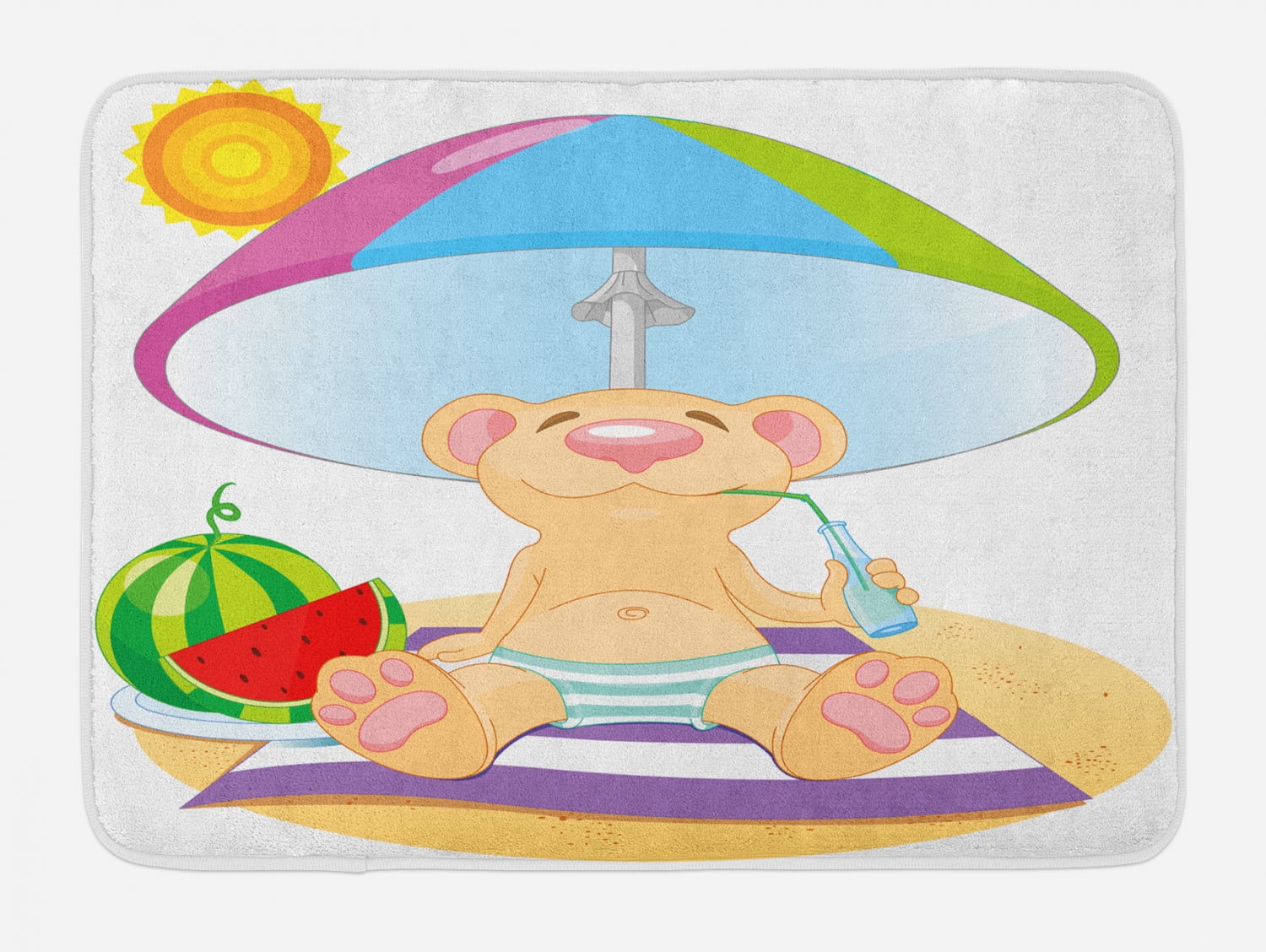 Cartoon Bath Mat, Bear on the Beach Sunbathing Summer Day with ...