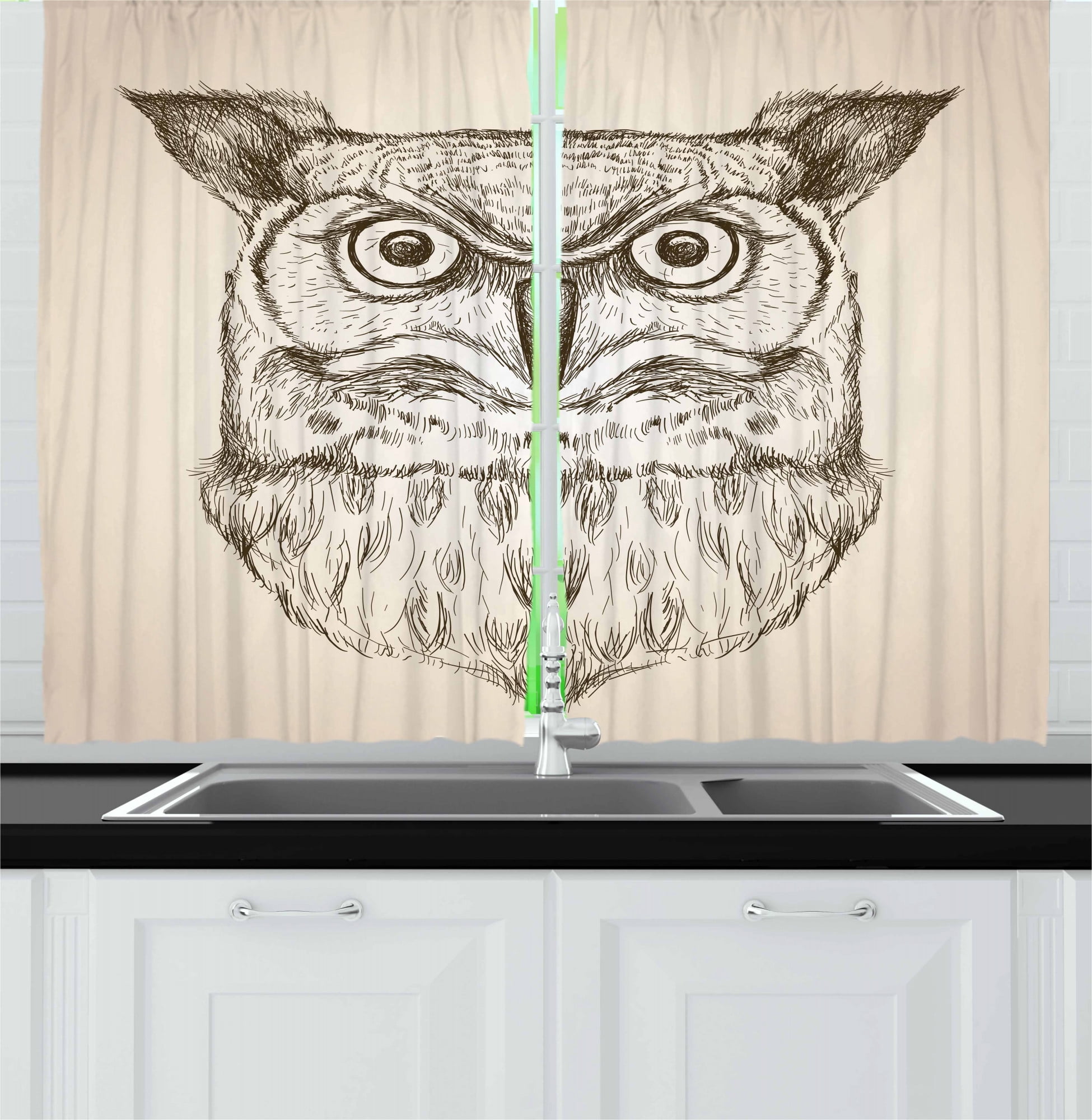Owl Kitchen Curtains, Hand-Drawn Sketch of an Owl Head Front View ...