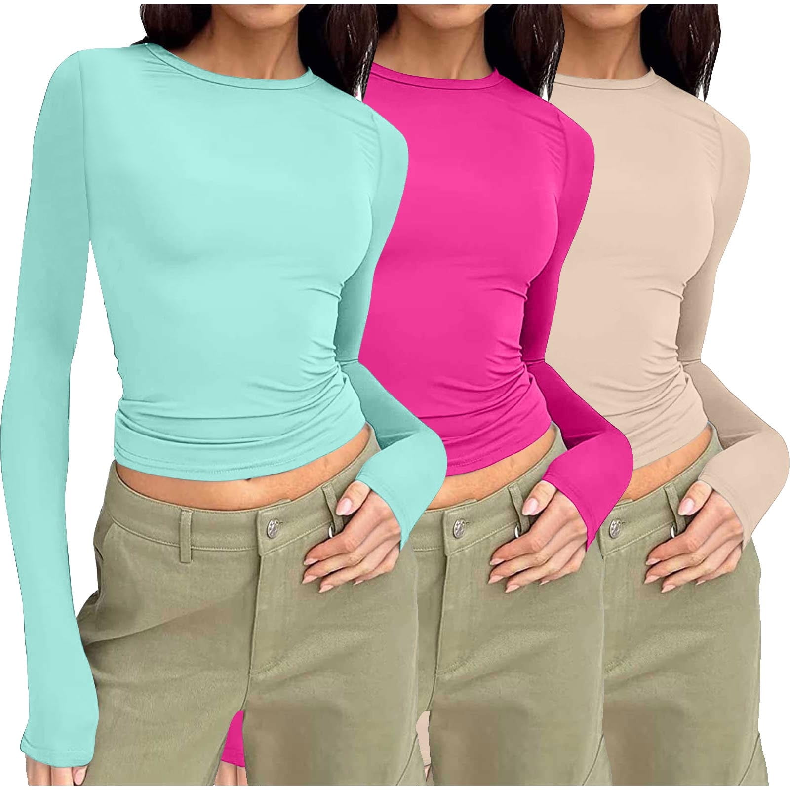 Click here for Aherbiu 3pc Women Long Sleeve Shirts Basic Slim Fi... prices