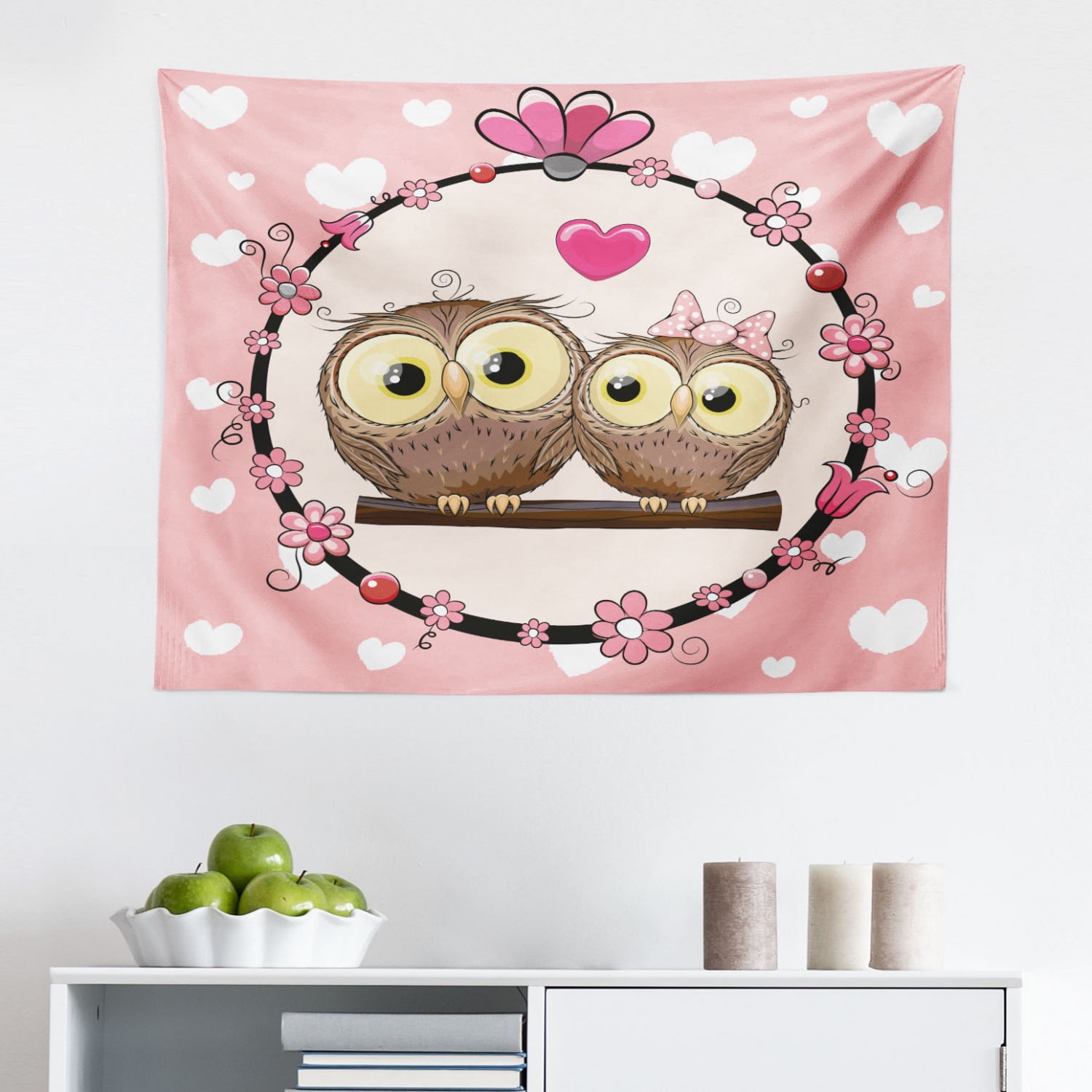 Owls Tapestry, Owl Couple on Tree Branch Floral Wreath Celebrations ...