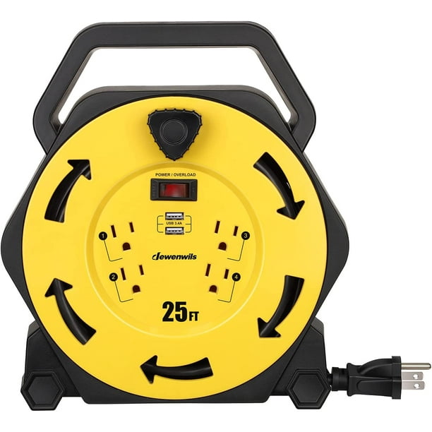 Cord Reel with 4 Power Outlets, 2-USB Ports(3.4A Fast Charge), 25FT ...