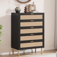 Black Rattan 5-Drawer Dresser – Modern Tall Chest with Gold Legs ...