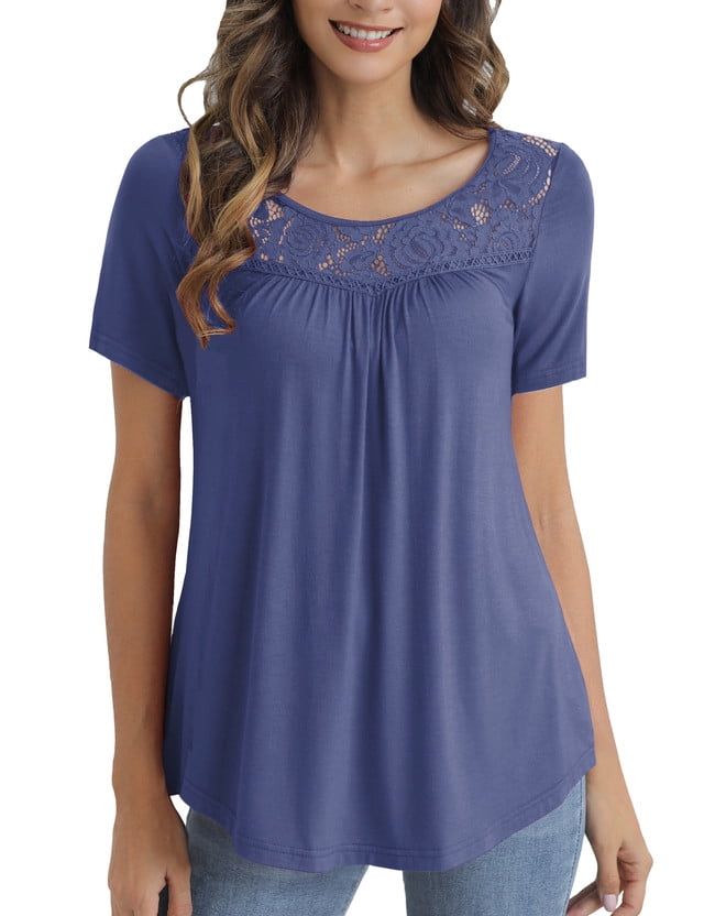 Traleubie Womens Plus Size Short Sleeve Shirts Lace Pleated Tunic Tops