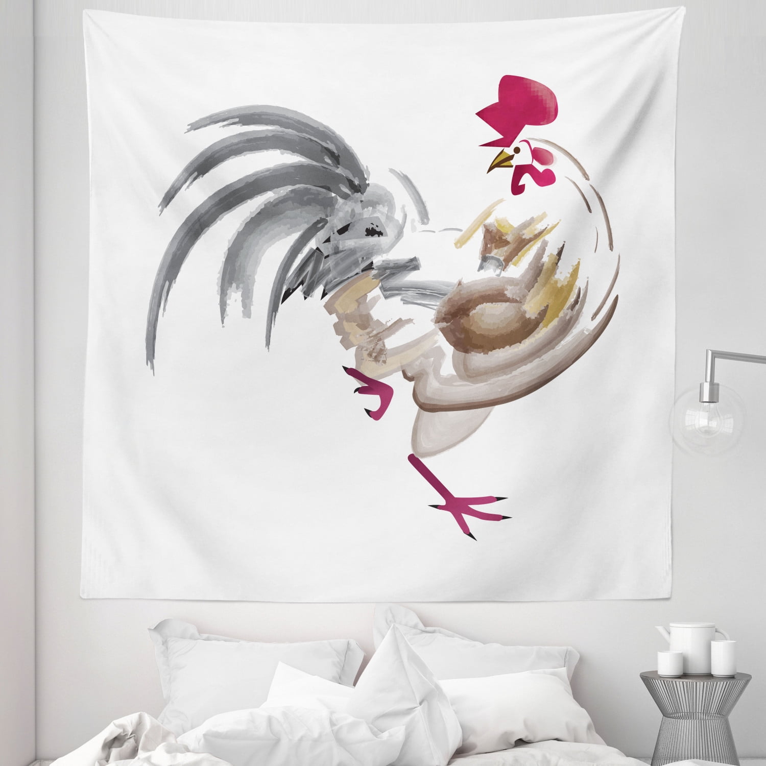 Rooster Tapestry, Watercolor Hand Drawn Style Paintbrush Chicken Animal ...