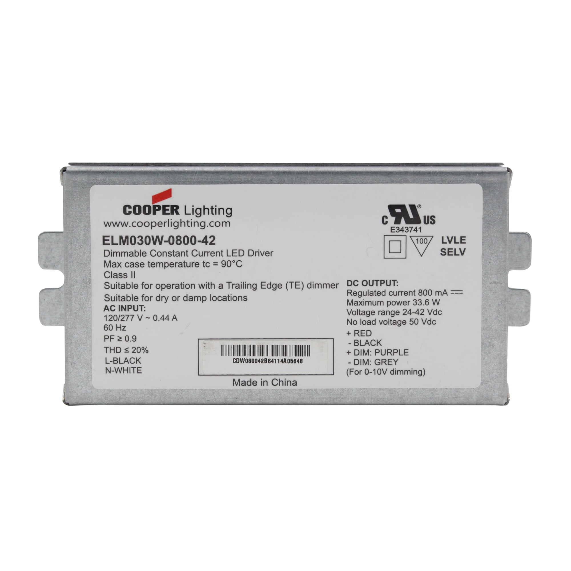 Cooper ELM030W-0800-42 Dimmable Constant-Current LED Driver, 33W, 800mA ...