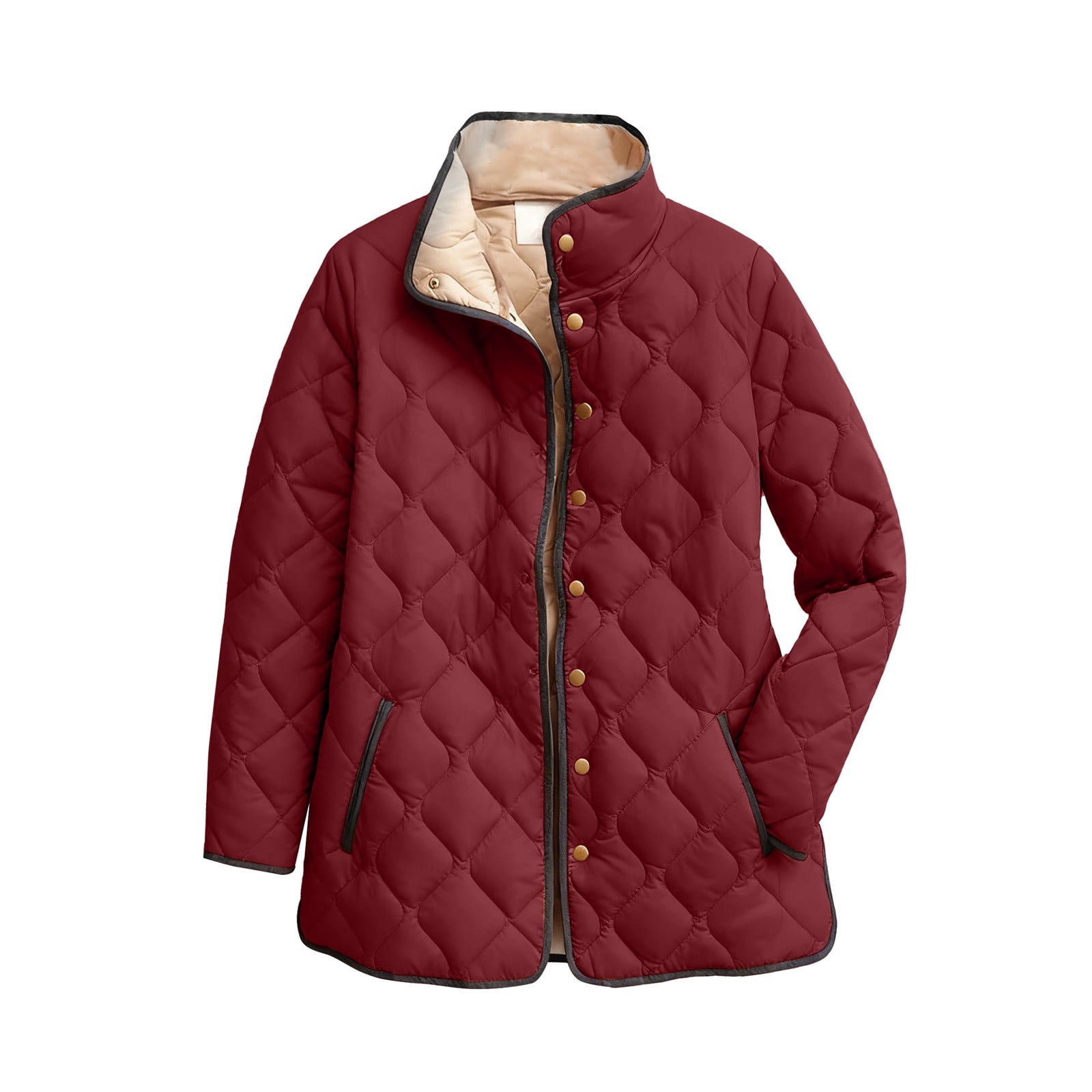 Breezora Plus Size Women Quilted Puffer Jacket Long Sleeve Button Front Lightweight Insulated Coat Windproof Winter Outerwear Xxl Size Wine