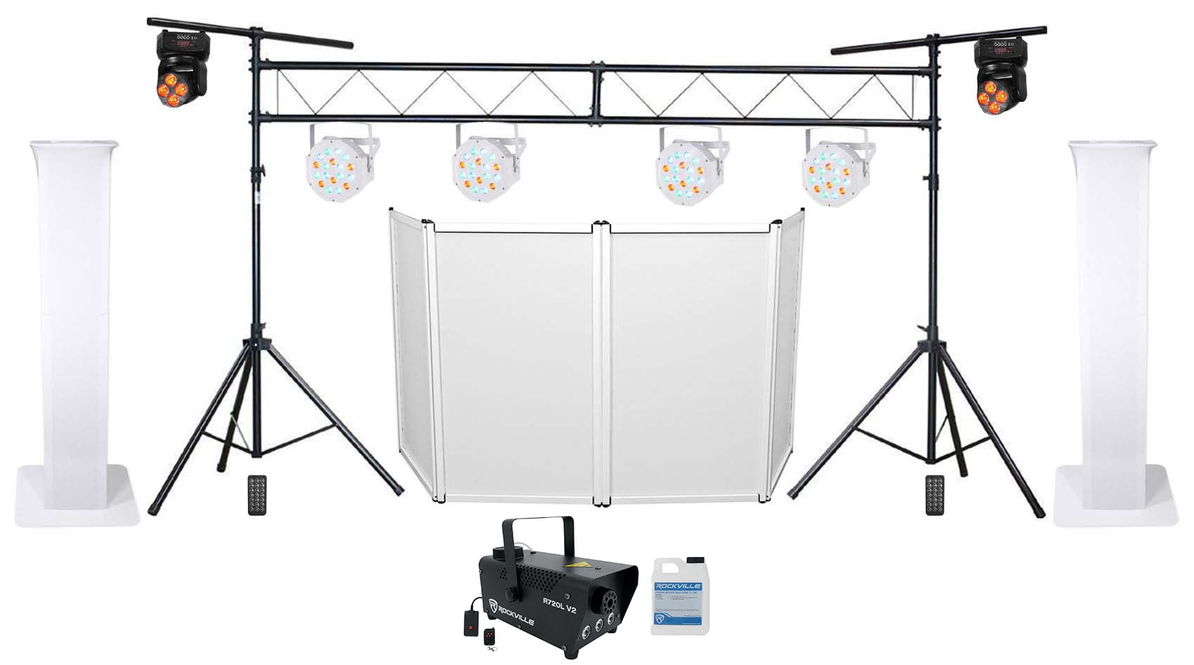 (2) DJ Totem Stands+Facade+Par Lights+Moving Heads+LED Fogger+Truss Bar ...
