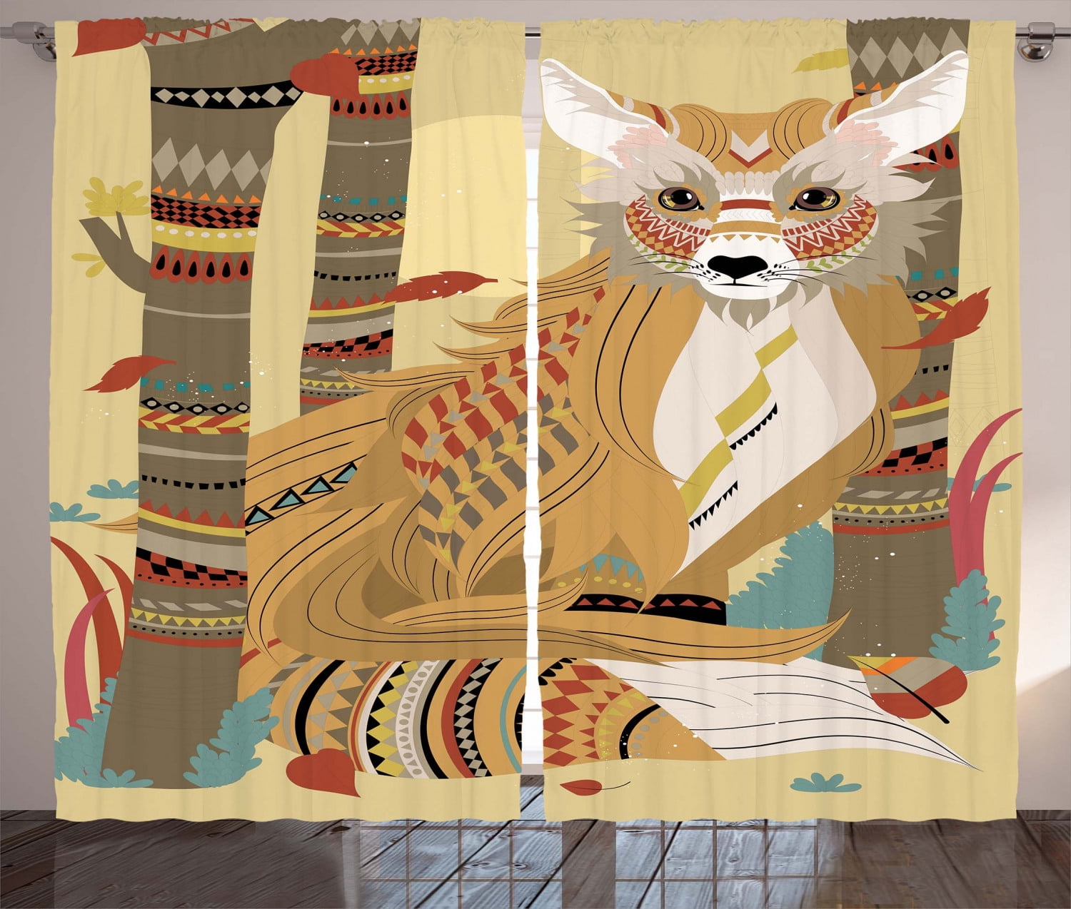Fox Curtains 2 Panels Set, Animal Theme a Fluffy Wild Fox in the Forest ...