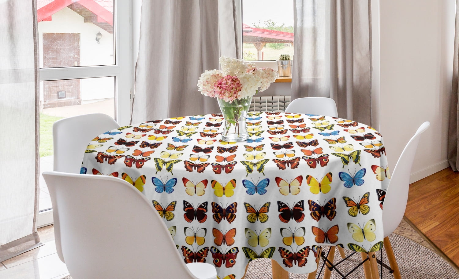 Butterfly Round Tablecloth, Assortment of Detailed Butterflies in ...