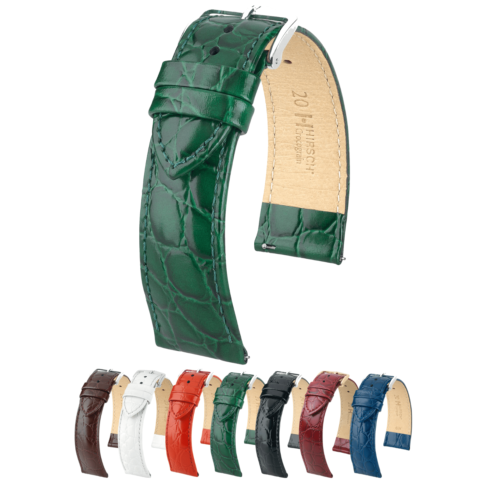 Hirsch Crocograin Bonded Leather Watch Strap - Green - M - 20mm ...