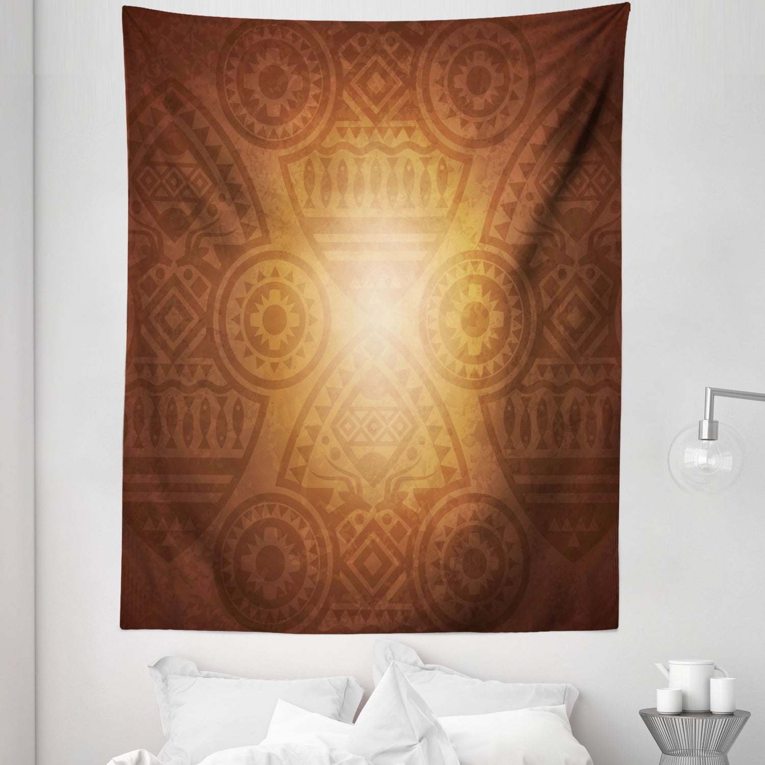 Tan Tapestry, Art Pattern with Floral and Geometric Elements Fishes ...