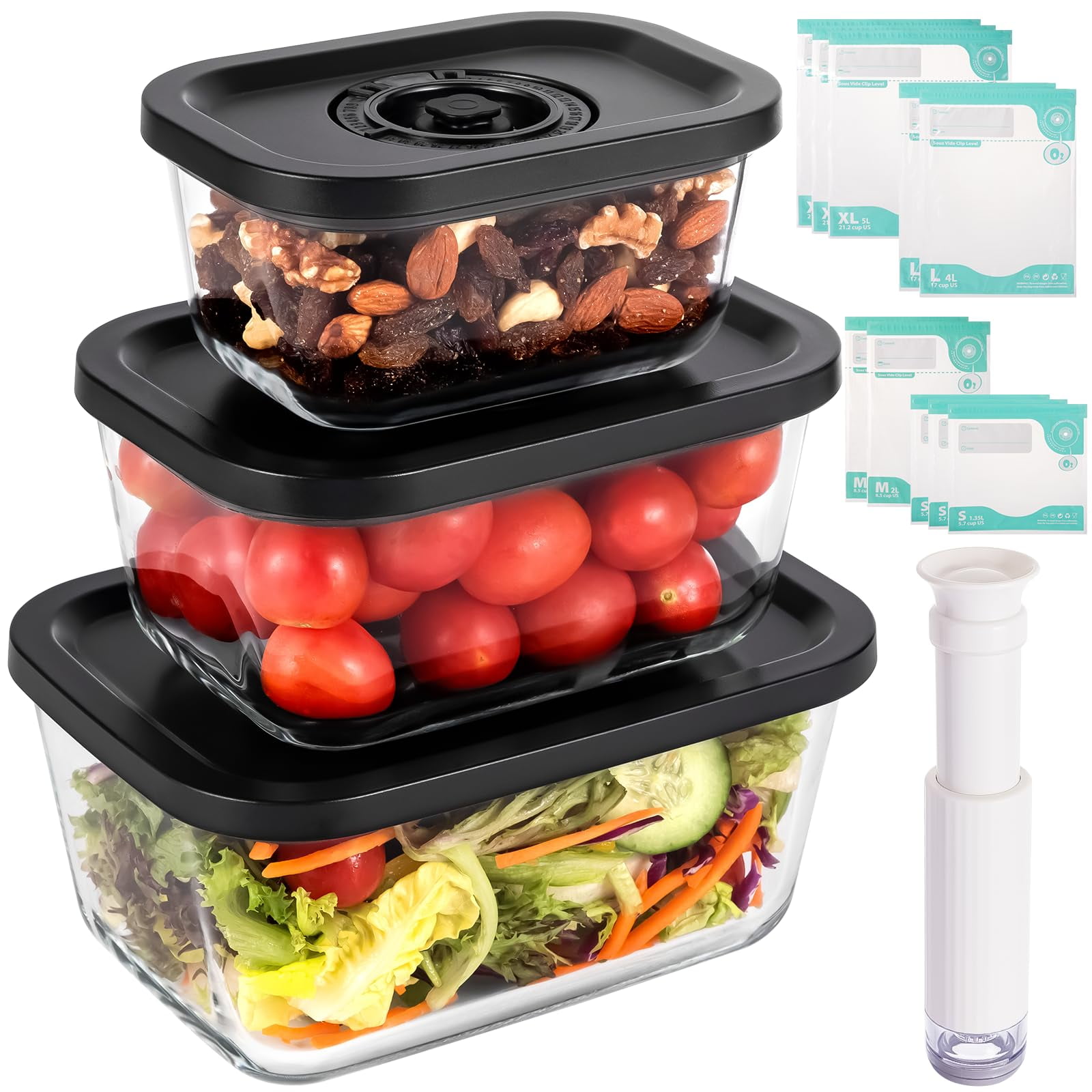 FreshSeal - Borosilicate Glass Vacuum Food Storage Set - Leakproof ...