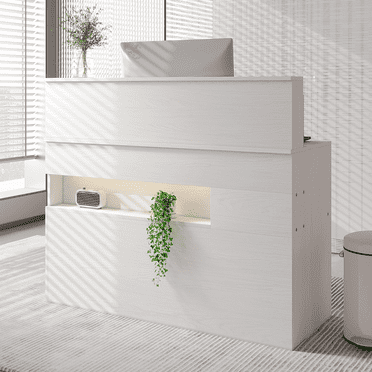 Timechee Reception Desk L-Shaped Counter with Drawers, Marble Texture ...