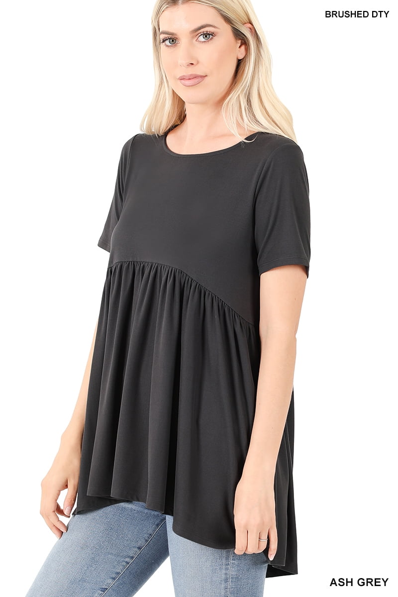 Zenana Women & Plus Round Neck Brushed DTY Short Sleeve Ruched Tunic ...