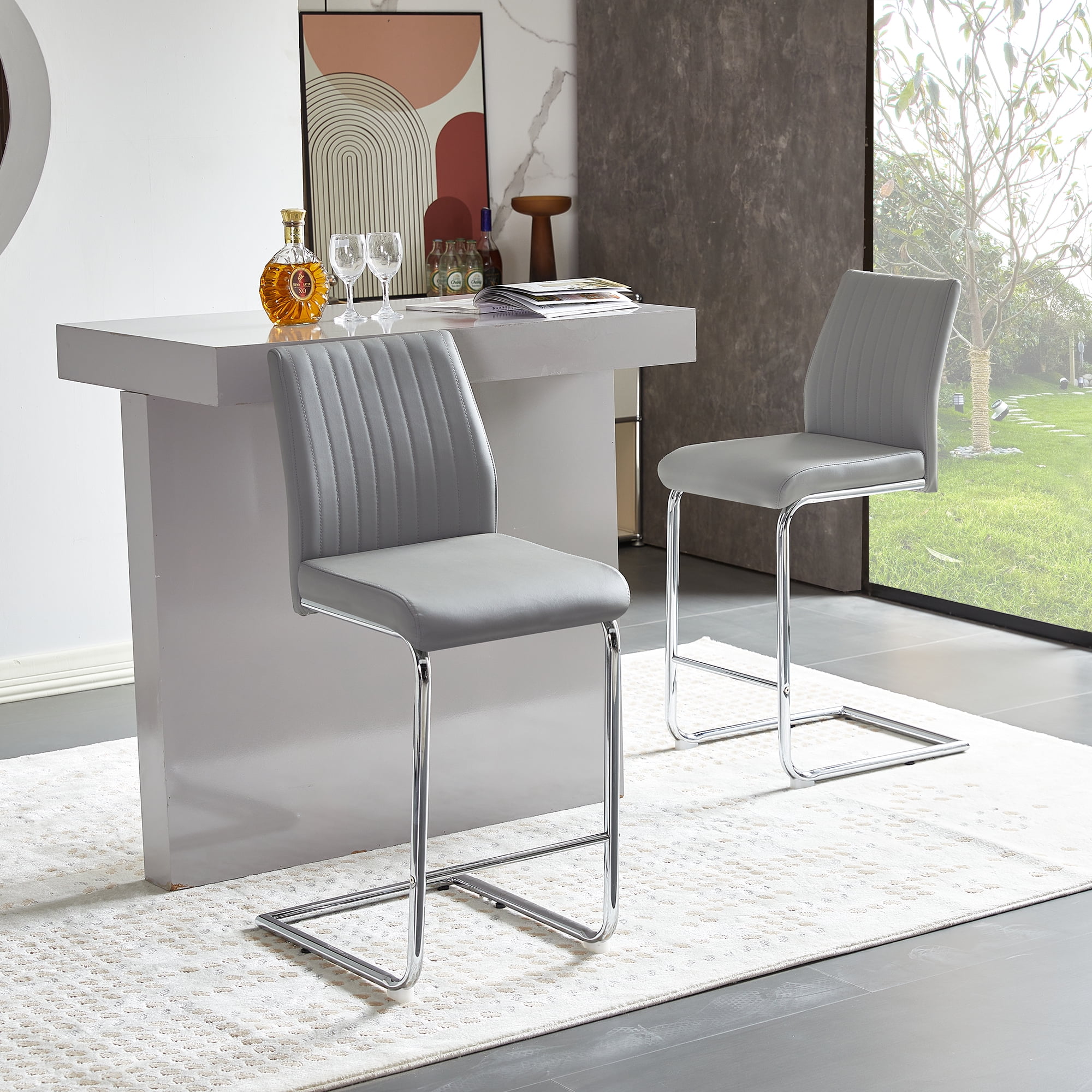 CoSoTower Light grey modern simple bar chair PU leather chrome metal ...