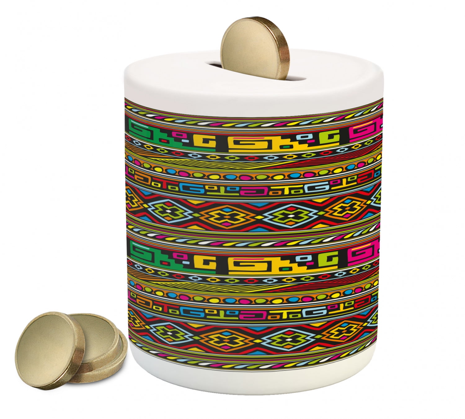 Tribal Piggy Bank, Design with Colorful Geometrical Details Borders ...
