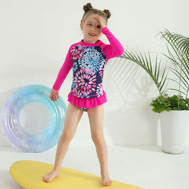 ESHOO Toddler Girls Rashguard Swimsuit Set, Little Girl Long Sleeve Floral Ruffled Bathing Suits ...