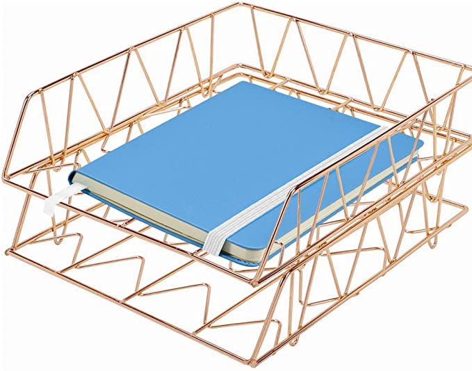 2 Pack of Gold Stackable Wire Desk Trays with Brass Finish, Paper Tray ...