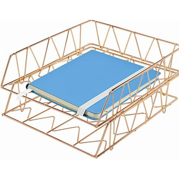 2 Pack of Gold Stackable Wire Desk Trays with Brass Finish, Paper Tray ...